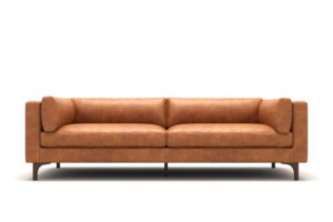 valencia mary leather couch 93" | top grain nappa 11000 leather wide seat, solid wood frame, plush cushioning, top-stitched french seams, saddle tan