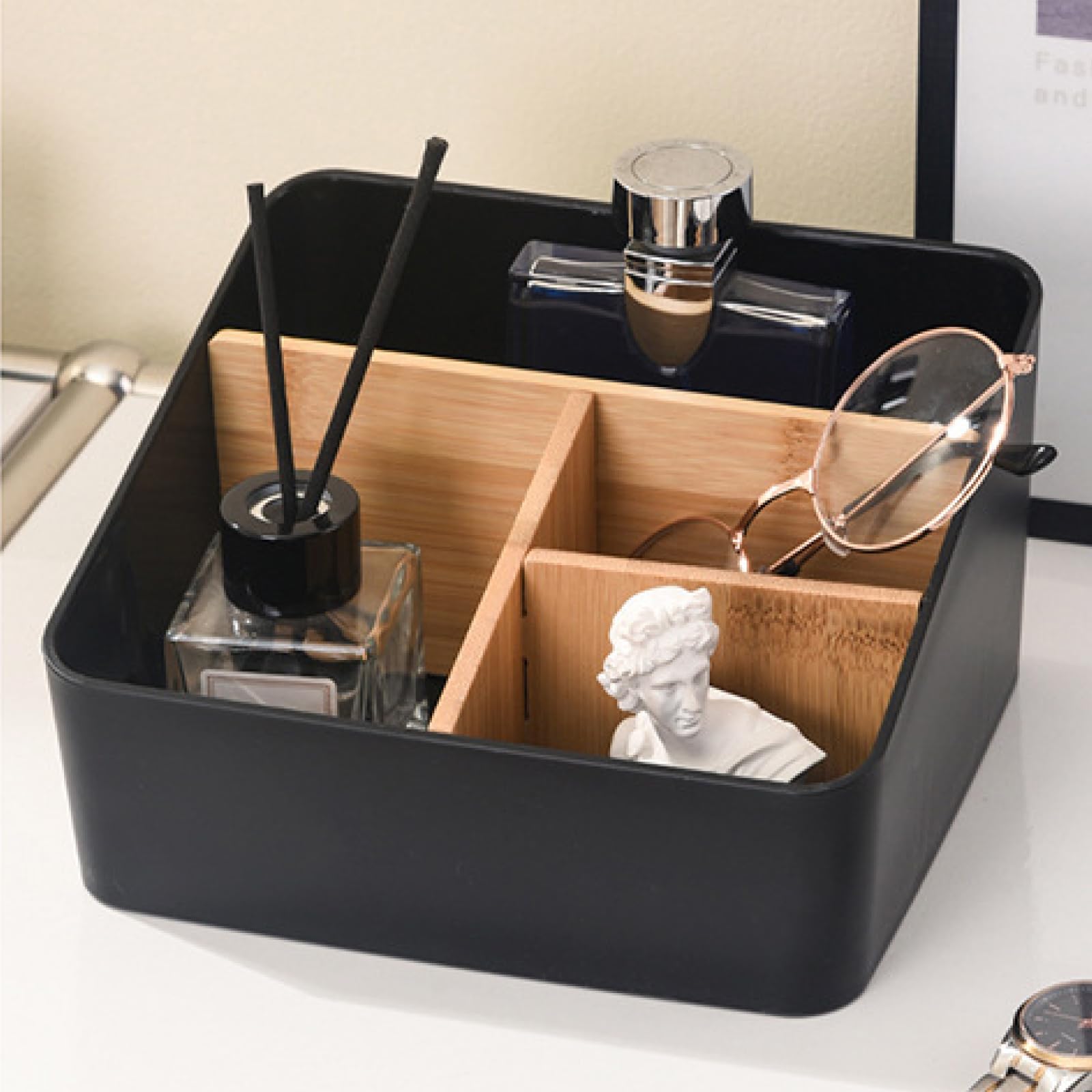 Hiorigin Bamboo and Plastic Bathroom Countertop Organizer, Removable Divider, Vanity Storage, L