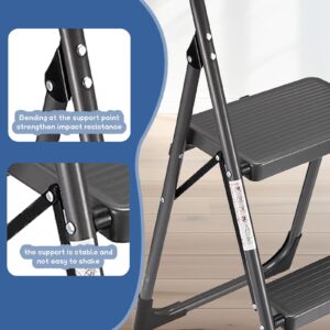 Step Ladder Folding 2 Step Stool Adult with Wide & Anti-Slip Pedals Ergonomic Portable Steel Ladder for Household, Kitchen, Office 330LBS (Gray, 2 Step)