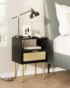 aienvey rattan nightstand with charging station, drawer dresser for bedroom, small bedside table with drawer, night stand, end table with gold frame for living room, black