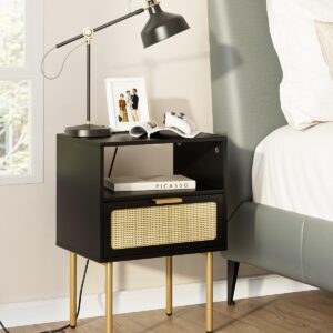 Aienvey Rattan Nightstand with Charging Station, Drawer Dresser for Bedroom, Small Bedside Table with Drawer, Night Stand, End Table with Gold Frame for Living Room, Black