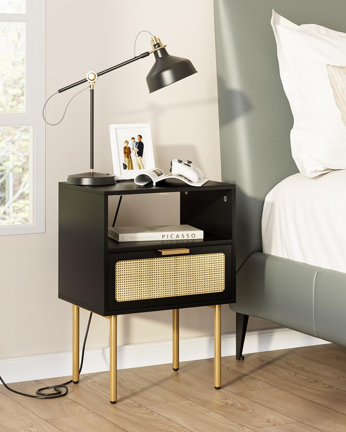 Aienvey Rattan Nightstand with Charging Station, Drawer Dresser for Bedroom, Small Bedside Table with Drawer, Night Stand, End Table with Gold Frame for Living Room, Black