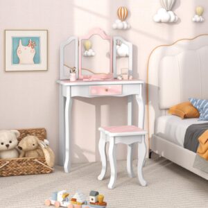 Costzon Kids Vanity, Girls Vanity Set with Mirror and Stool, Children Makeup Dressing Table with Drawer, Pretend Play Kids Vanity Table and Chair Set (Pink Snowflake Print)