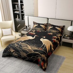 jejeloiu Japanese Crane Duvet Cover 100% Cotton Set Full Size, Red Crowned Crane with 2 Pillow Case, Wild Animal Bedding Set 3Pcs Teens Room Decor, Lucky Clouds Duvet Cover (No Comforter)