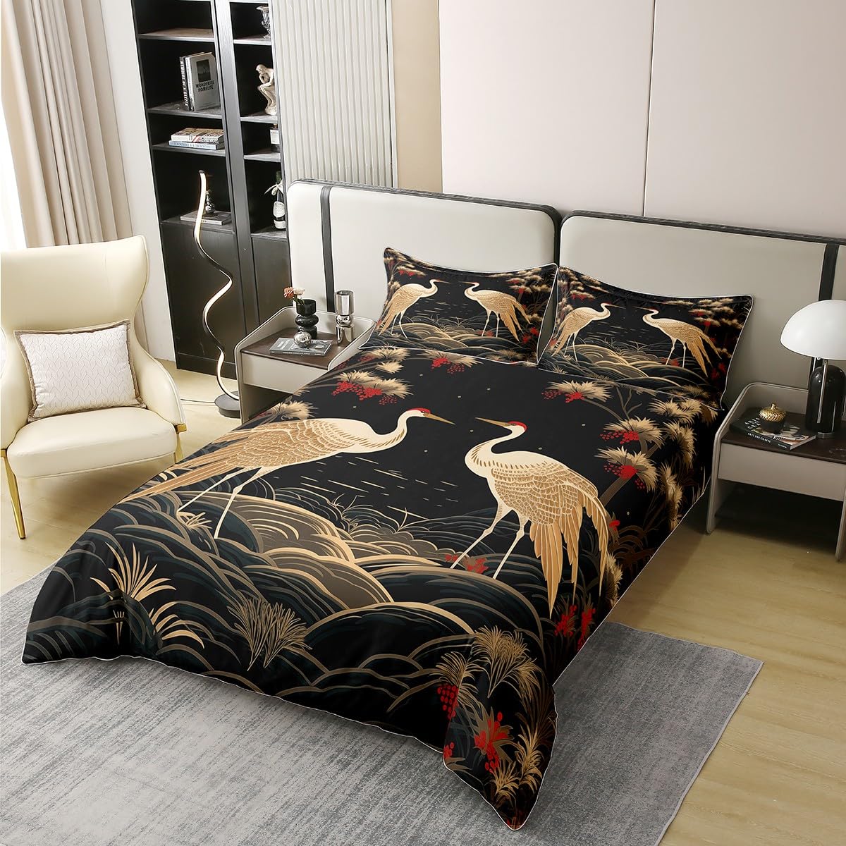 jejeloiu Japanese Crane Duvet Cover 100% Cotton Set Full Size, Red Crowned Crane with 2 Pillow Case, Wild Animal Bedding Set 3Pcs Teens Room Decor, Lucky Clouds Duvet Cover (No Comforter)