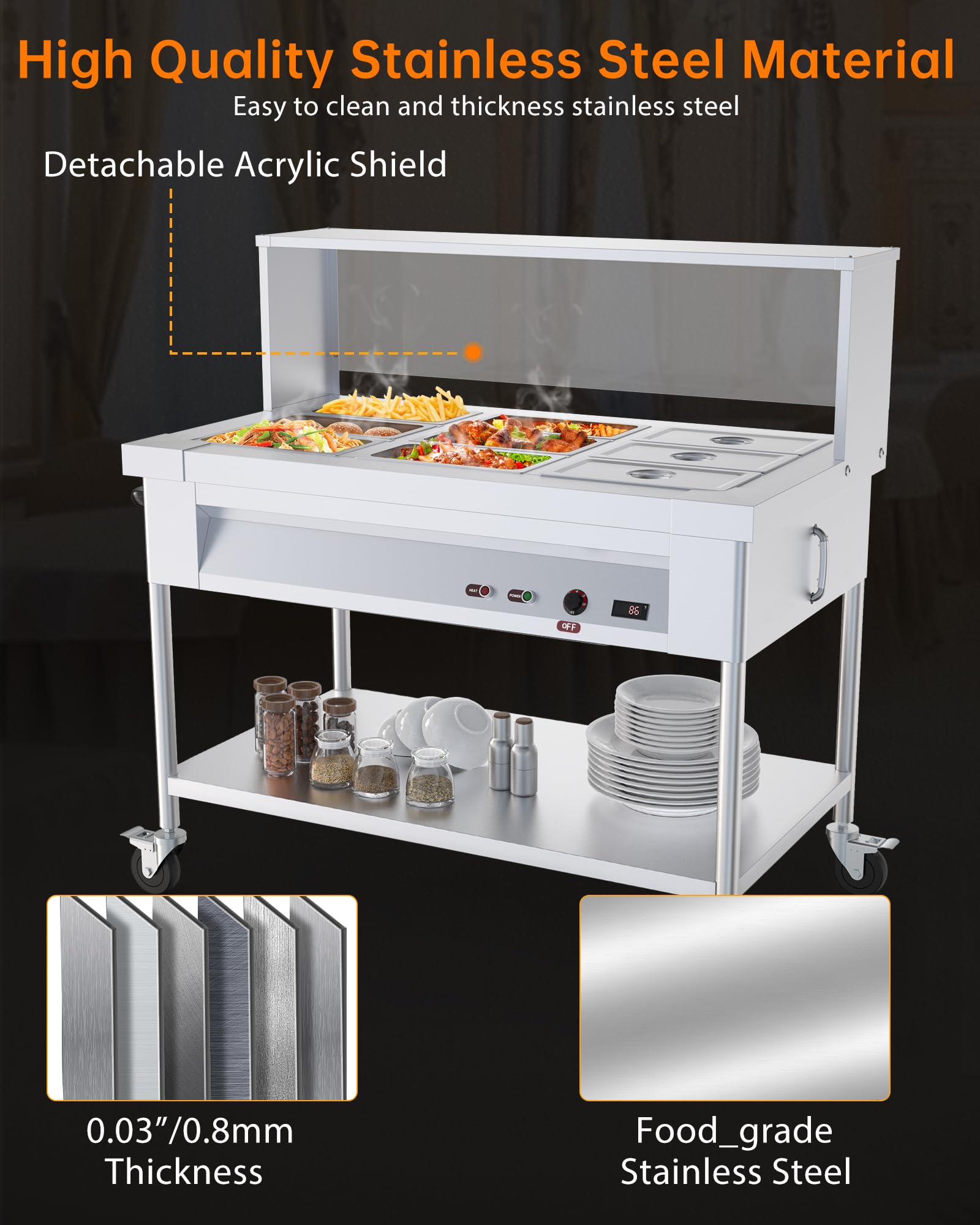 72QT Steam Table 9x8QT Electric Commercial Food Warmer 9-Pans with Acrylic Shield Stainless Steel Bain Marie Countertop with Lockable Wheels for Restaurants Buffets Party 1500W, 110V