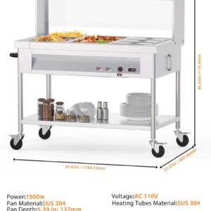 72QT Steam Table 9x8QT Electric Commercial Food Warmer 9-Pans with Acrylic Shield Stainless Steel Bain Marie Countertop with Lockable Wheels for Restaurants Buffets Party 1500W, 110V