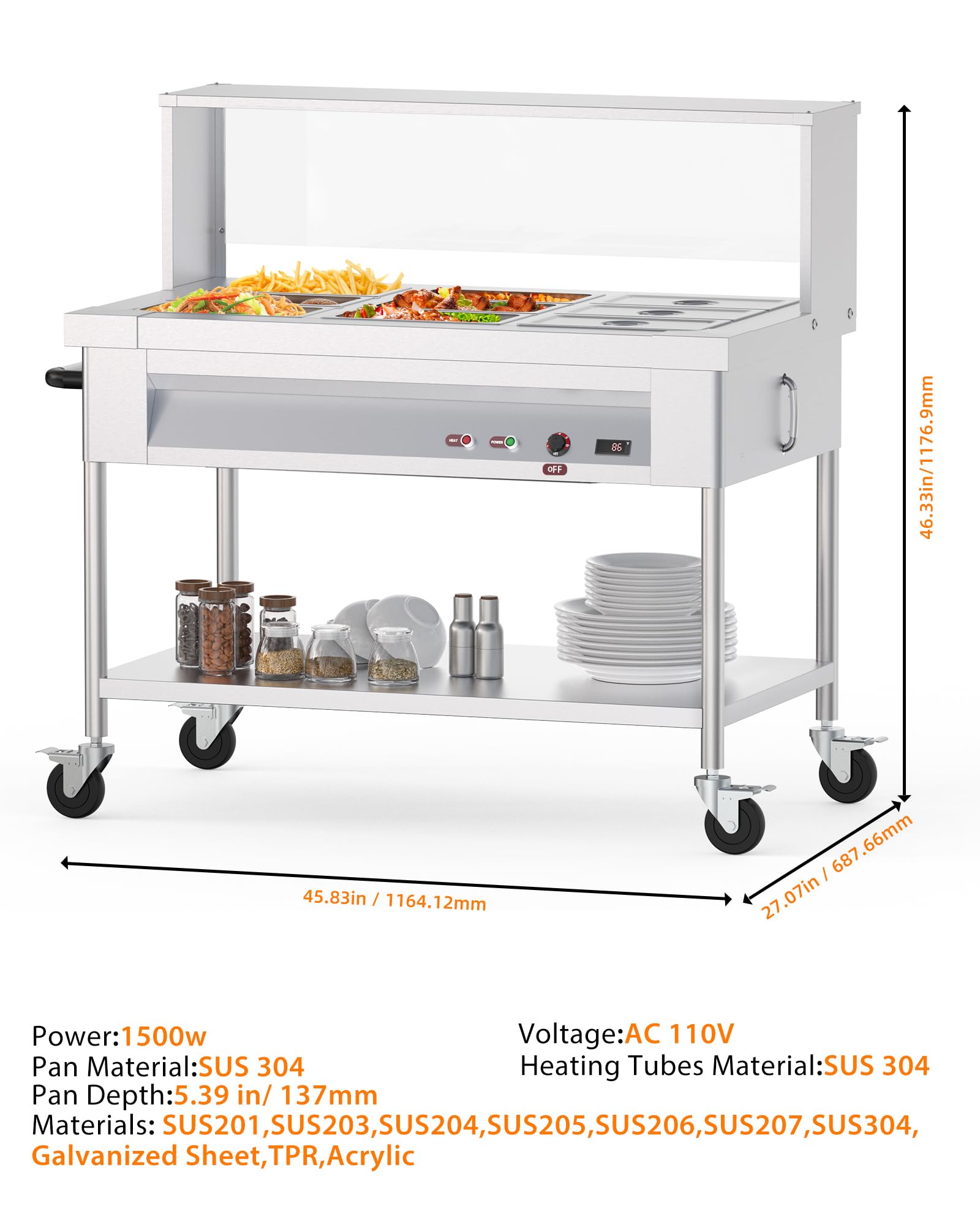 72QT Steam Table 9x8QT Electric Commercial Food Warmer 9-Pans with Acrylic Shield Stainless Steel Bain Marie Countertop with Lockable Wheels for Restaurants Buffets Party 1500W, 110V