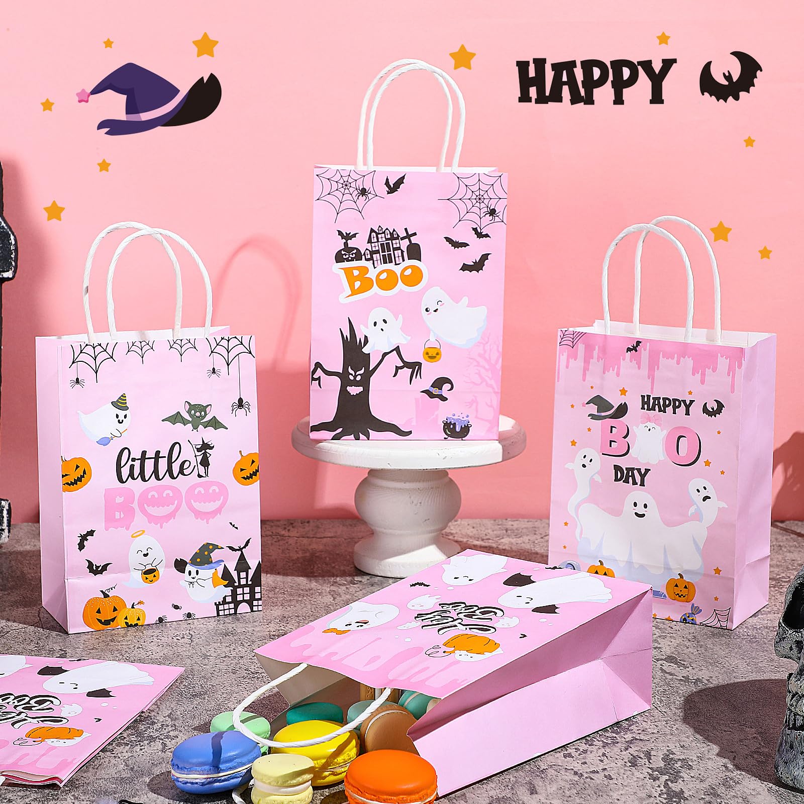 Kolldenn 48 Pieces Pink Halloween Snack Bags with Handle Hey Boo Treat Bags Bulk Little Boo Paper Gift Bags Pink Halloween Party Favor Bags Boo Bags for Halloween Party Decor