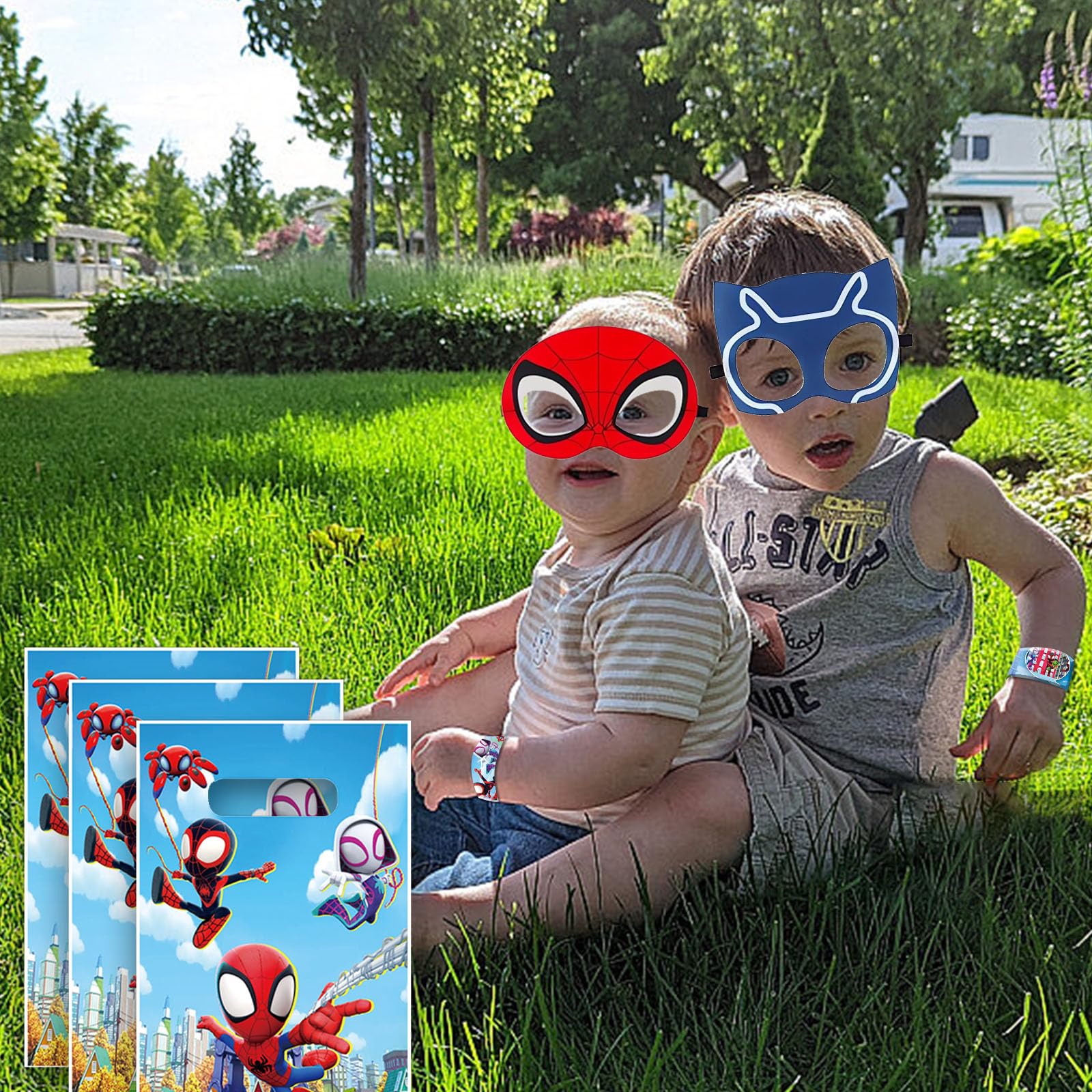 106PCS Spidey Friends Party Favor Supplies -Reusable Drinking straws Masks&Slap Bracelets Bags&Spidey Stickers Gifts for Kids Birthday Spidey Friends Themed Party Favors Birthday Decorations ﻿