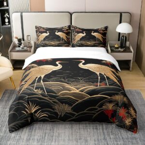 jejeloiu japanese crane duvet cover 100% cotton set full size, red crowned crane with 2 pillow case, wild animal bedding set 3pcs teens room decor, lucky clouds duvet cover (no comforter)