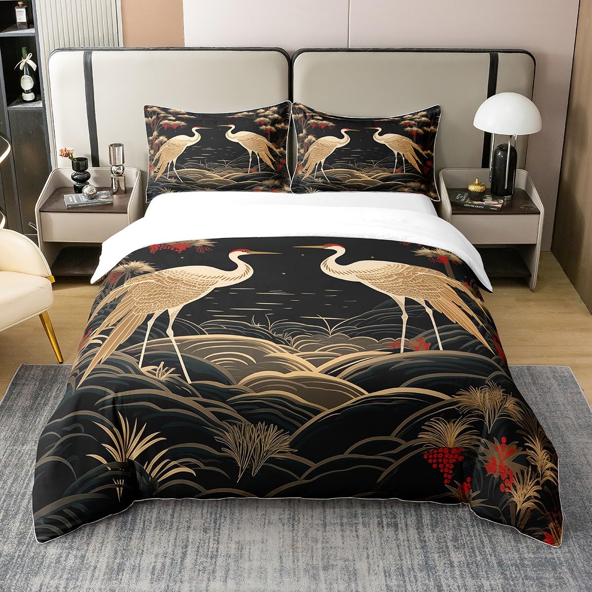 jejeloiu Japanese Crane Duvet Cover 100% Cotton Set Full Size, Red Crowned Crane with 2 Pillow Case, Wild Animal Bedding Set 3Pcs Teens Room Decor, Lucky Clouds Duvet Cover (No Comforter)