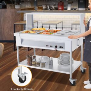 72QT Steam Table 9x8QT Electric Commercial Food Warmer 9-Pans with Acrylic Shield Stainless Steel Bain Marie Countertop with Lockable Wheels for Restaurants Buffets Party 1500W, 110V