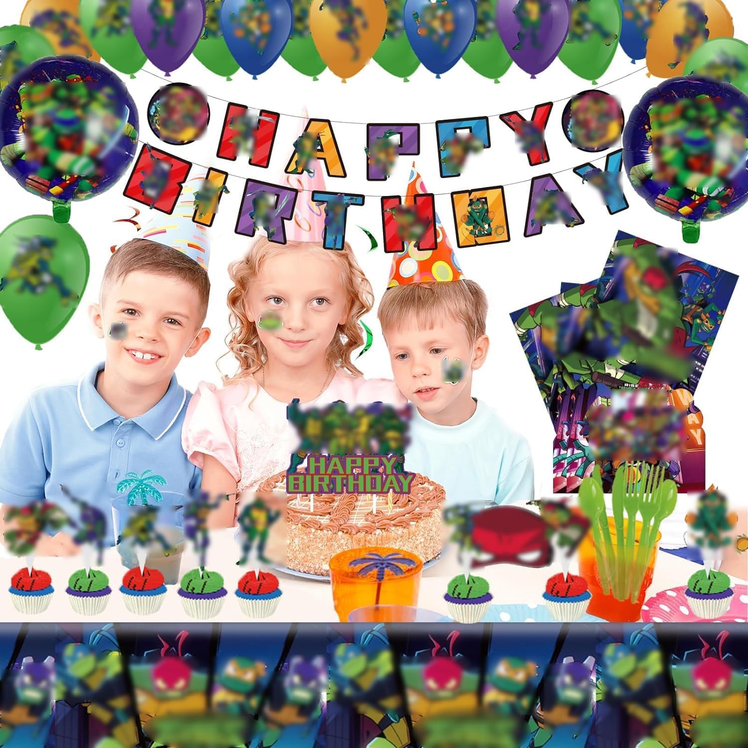 185 PCS Turtle Birthday Party Supplies, Complete Party Decorations Set with Banner, Balloons, Masks, Plates, Napkins, and Tablecloths for Themed Celebrations ﻿