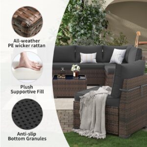 Amopatio 7 Pieces Patio Furniture Set, Outdoor Furniture Sectional Sofa Set with Slanted Back, Patio Couch with Glass Coffee Table for Backyard Dark Grey (1 Waterproof Cover)