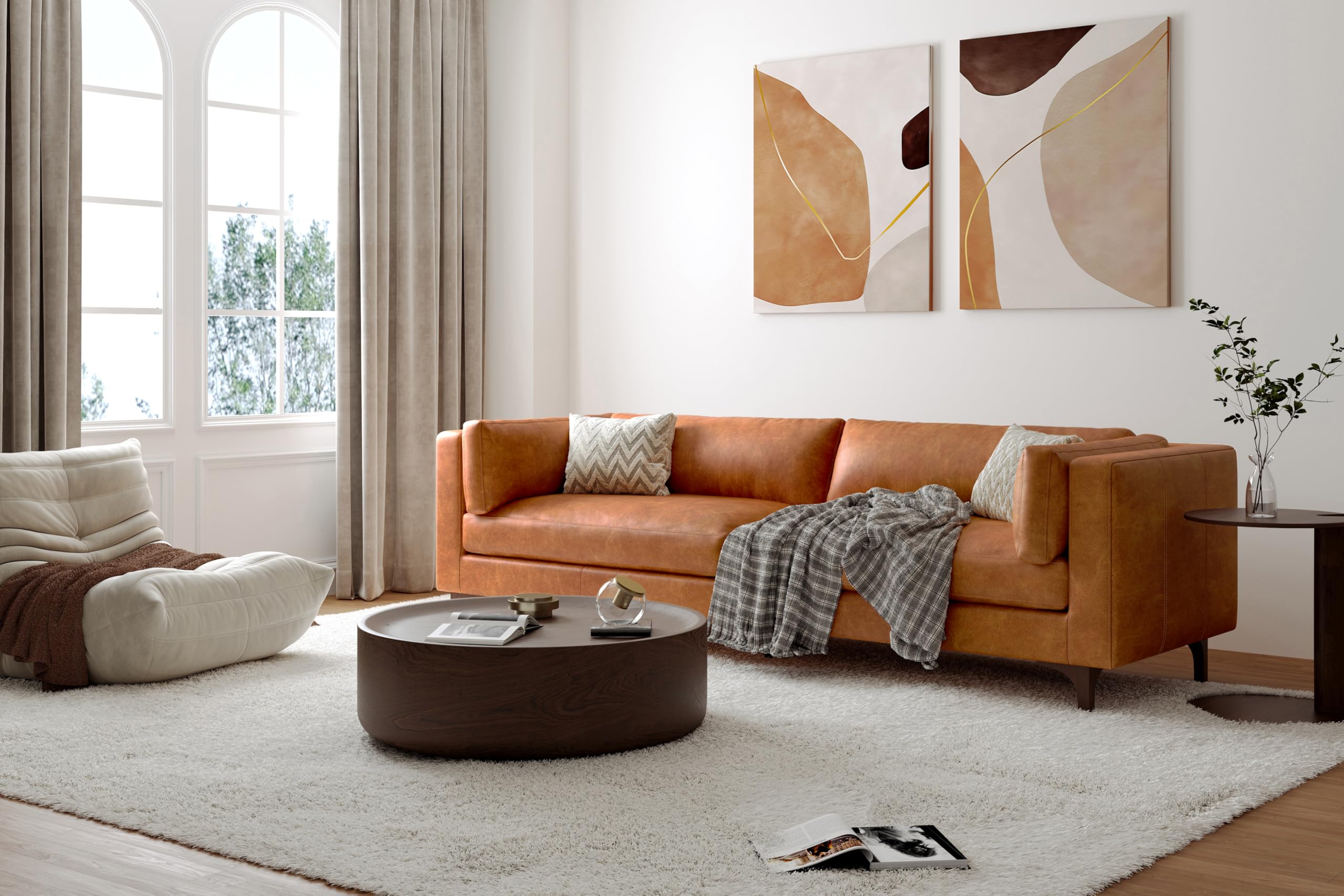 Valencia Mary Leather Couch 93" | Top Grain Nappa 11000 Leather Wide Seat, Solid Wood Frame, Plush Cushioning, Top-Stitched French Seams, Saddle Tan