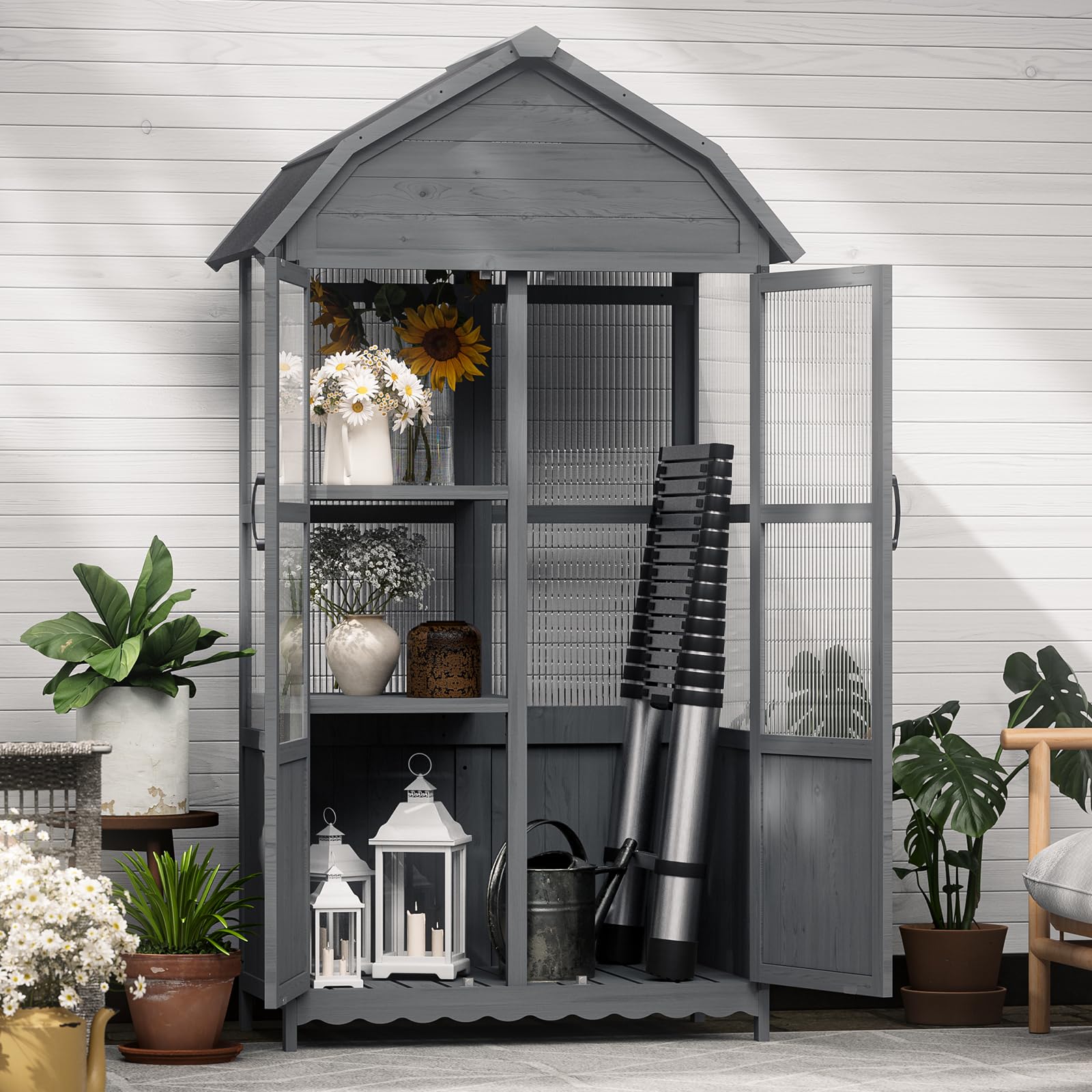 AOVSA Wooden Outdoor Storage Cabinet, 71" Weatherproof Garden Shed with Shelves, Waterproof Roof, Tool Storage for Patio/Backyard/Pool/Lawn (Gray)