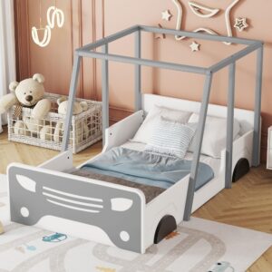 ball & cast car bed with roof frame & wheels,twin size wooden montessori floor bed w/door,platform bed for boys girls toddlers,grey