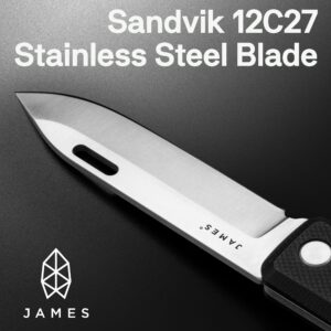 JAMES° The Ellis Slim Folding Pocket Knife Razor Thin EDC, 2.6" Stainless Steel Blade, Slip-Joint Design, All-things Scraper and Screw Driver, Black Grip