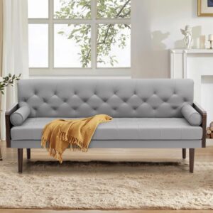 PATIOHIT Faux Leather Couch Modern 72" Sofa Couch with 2 Bolster Pillows Mid Century Modern Upholstered Loveseat Sofa Couch for Living Room Apartment Office (Grey)