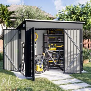 aoxun 4' x 8' shed outdoor storage shed with triple lockable door metal storage cabinet with slopping roof for tools bicycles storage for garden, patio, courtyard