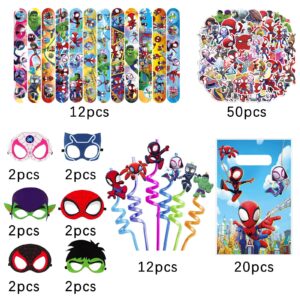 106PCS Spidey Friends Party Favor Supplies -Reusable Drinking straws Masks&Slap Bracelets Bags&Spidey Stickers Gifts for Kids Birthday Spidey Friends Themed Party Favors Birthday Decorations ﻿