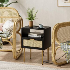 Aienvey Rattan Nightstand with Charging Station, Drawer Dresser for Bedroom, Small Bedside Table with Drawer, Night Stand, End Table with Gold Frame for Living Room, Black