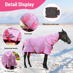 Turnout Blanket for Horses, Waterproof Thickened Horse Sheet with Detachable Neck Cover,1600D Nylon Outer, 400g Heavy Weight Filling (Pink, US 81IN(EU 155cm))