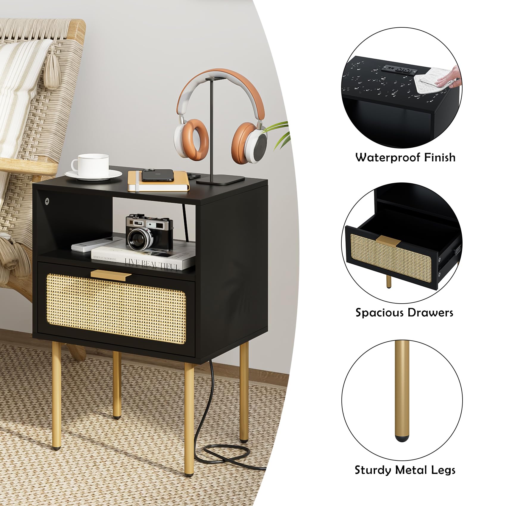 Aienvey Rattan Nightstand with Charging Station, Drawer Dresser for Bedroom, Small Bedside Table with Drawer, Night Stand, End Table with Gold Frame for Living Room, Black