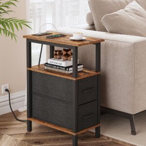 VIMBER Narrow Side Table for Small Spaces, Skinny End Table with Charging Station, Sofa Beside Table with 2 Drawers 1 Open Compartment, Slim Nightstand with USB Ports Outlet, Rustic and Brown UTBT004F