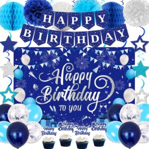 blue birthday decorations, happy birthday party decorations for men women boys girls, happy birthday backdrop, banner, balloons, honeycomb ball, hanging swirl, star card, cake topper, pompoms 52pcs