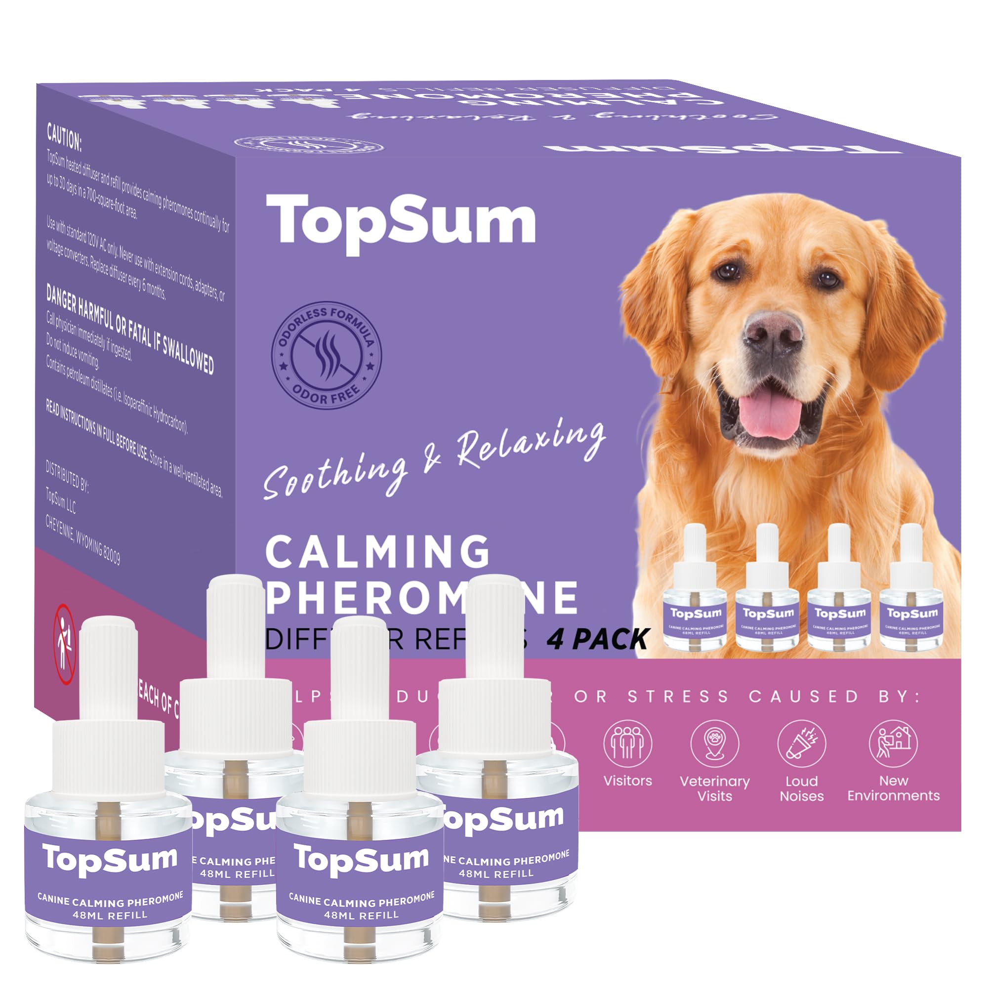 TopSum Dog Calming Diffuser Refills: 4 Pack Dog Pheromones Calming Diffuser Refills - Dog Appeasing Pheromone - Pheromones for Dogs - Calming Pheromones for Dogs, 4 Pack (Purple)