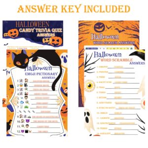 Ayhuhra Halloween Party Games 129pcs Halloween Card Games for Adults/Teens Emoji Word Scramble Word Search Candy Trivia Card Games for Halloween Birthday Party Activity Classroom Ice Breaker