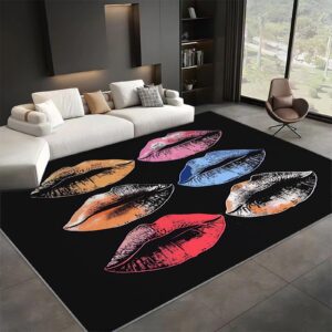 area rugs for living room 2x3 ft colored lips black washable area rug, non slip floor carpet, ultra soft low pile rugs, for bedroom, dining room, office, home decor rug