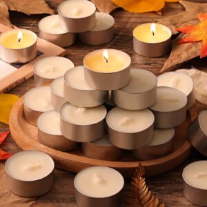 devi 6h soy wax white tea lights candles 100 pack paraffin-free, soy tealight votive candles bulk-6 hours long burning, unscented small tea candles-burn evenly, candles for boho fall decor