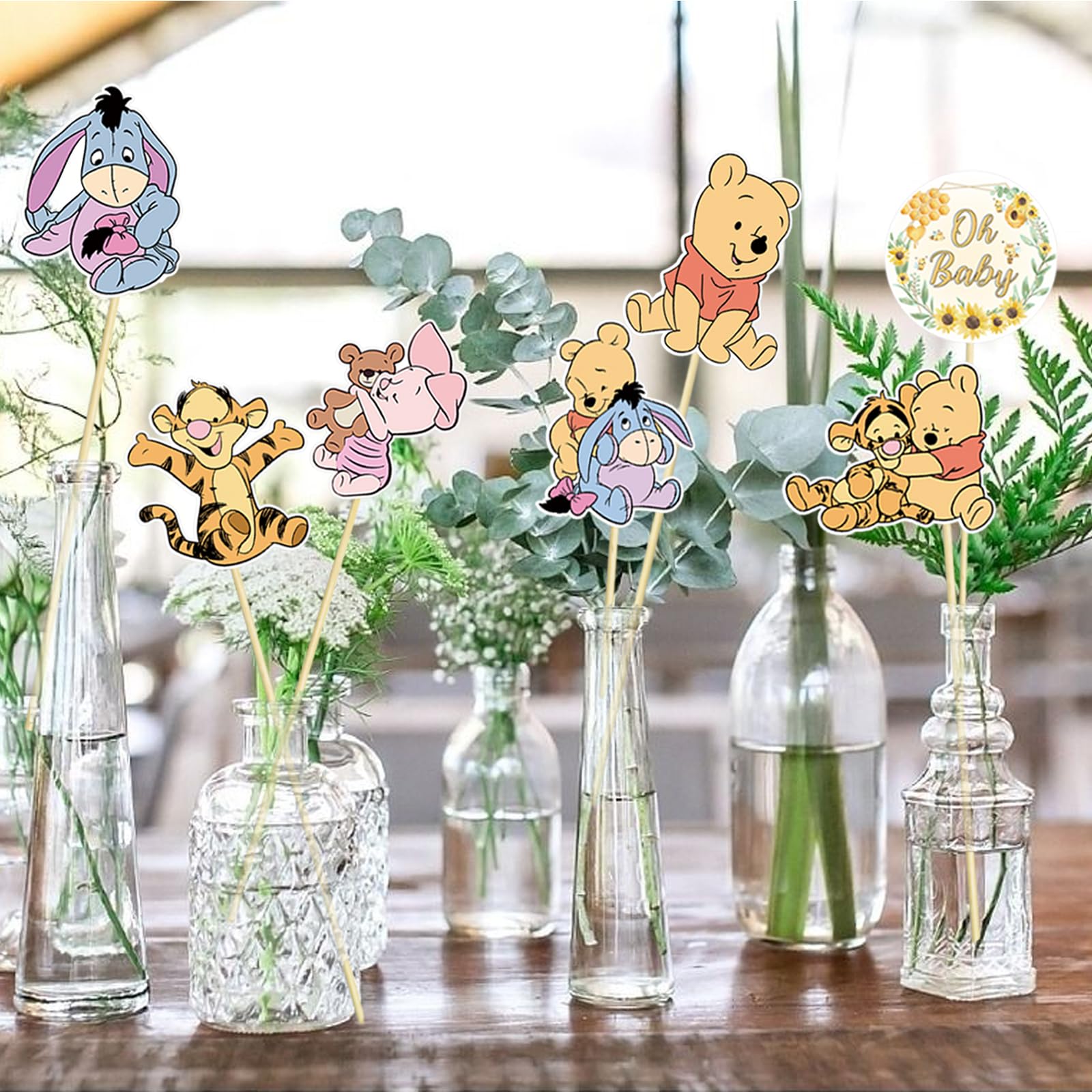 24 PCS Classic The Pooh Centerpieces Winnie Table Toppers On Sticks Cutouts for Winnie Baby Shower decorations Winnie Table Decorations Winnie Birthday Party Supplies