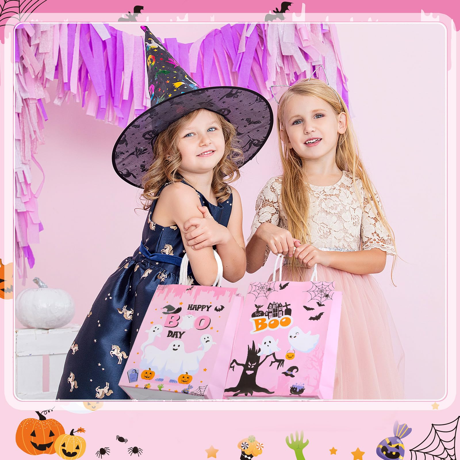 Kolldenn 48 Pieces Pink Halloween Snack Bags with Handle Hey Boo Treat Bags Bulk Little Boo Paper Gift Bags Pink Halloween Party Favor Bags Boo Bags for Halloween Party Decor