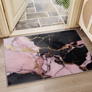 Yoozitrees Marble Rugs for Bedroom - Marble Rug, 2x3 Rug, Pink Gold Black Area Rug, Abstract Modern Luxury Door Mat, Washable & Non Slip & Soft Small Carpet, Marble Home Decor Gifts