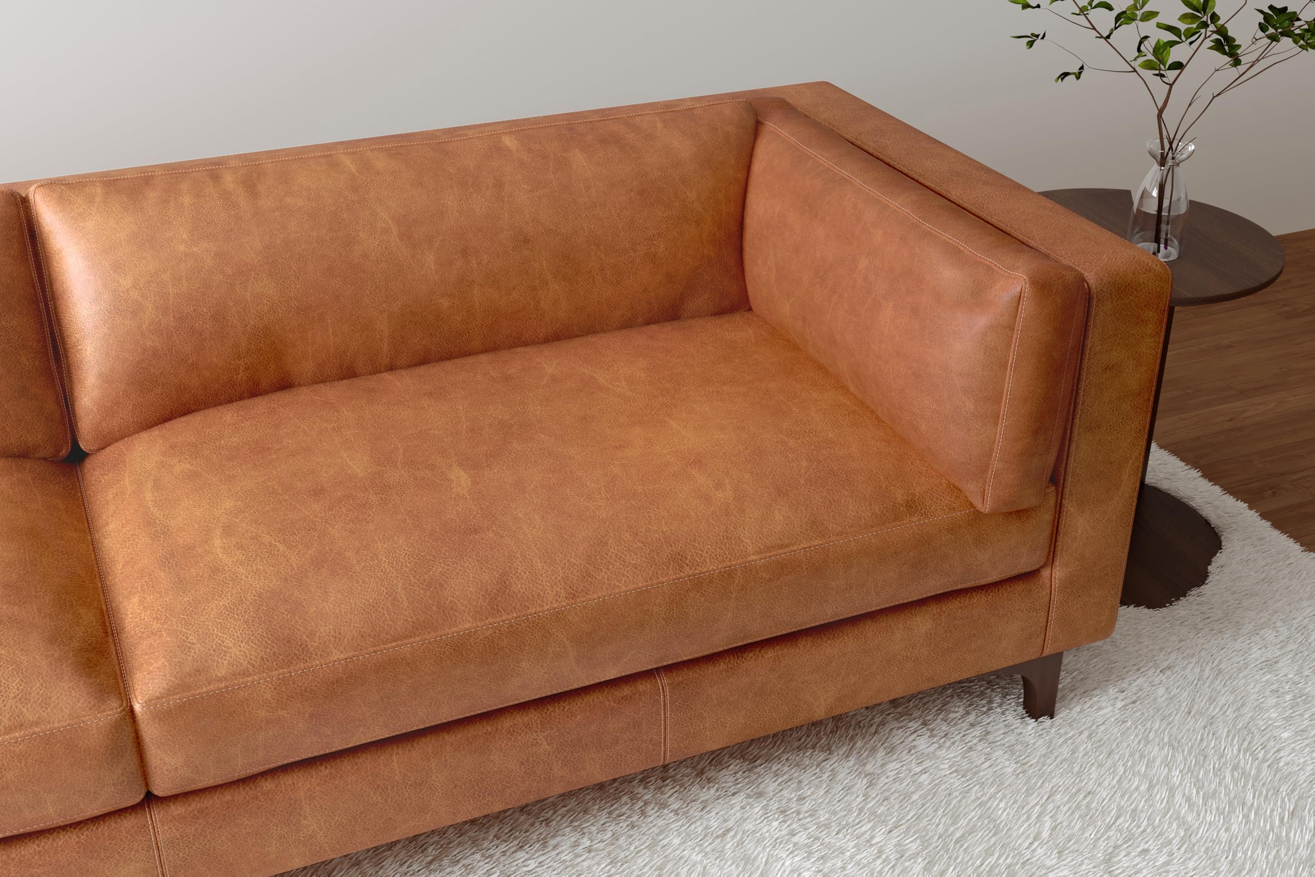 Valencia Mary Leather Couch 93" | Top Grain Nappa 11000 Leather Wide Seat, Solid Wood Frame, Plush Cushioning, Top-Stitched French Seams, Saddle Tan