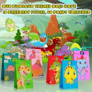 Containlol 30 Pack Dinosaur Party Gift Bags Little Dinosaur Goodie Candy Treat Bag with Matching Stickers Halloween Christmas Party Favor Bags for Kids Dinosaur Themed Birthday Baby Shower(Big Head)