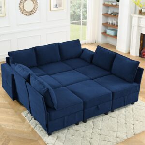 winjoy 138 inches 9 seats corduroy storage modular sofa, u-shaped navy blue sectional sofa with ottomans for living room, luxury modular couch bed