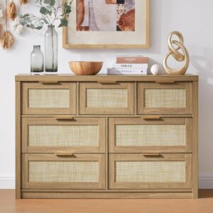 OAKHAM HOME 7 Drawer Dresser, Large Dresser for Bedroom, Rattan Chests of Drawers with Metal Handle and Wide Drawers, Wood Dressers Organizer TV Stand, 52.76" W x 17.71" D x 31.69" H