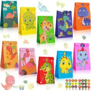 containlol 30 pack dinosaur party gift bags little dinosaur goodie candy treat bag with matching stickers halloween christmas party favor bags for kids dinosaur themed birthday baby shower(big head)