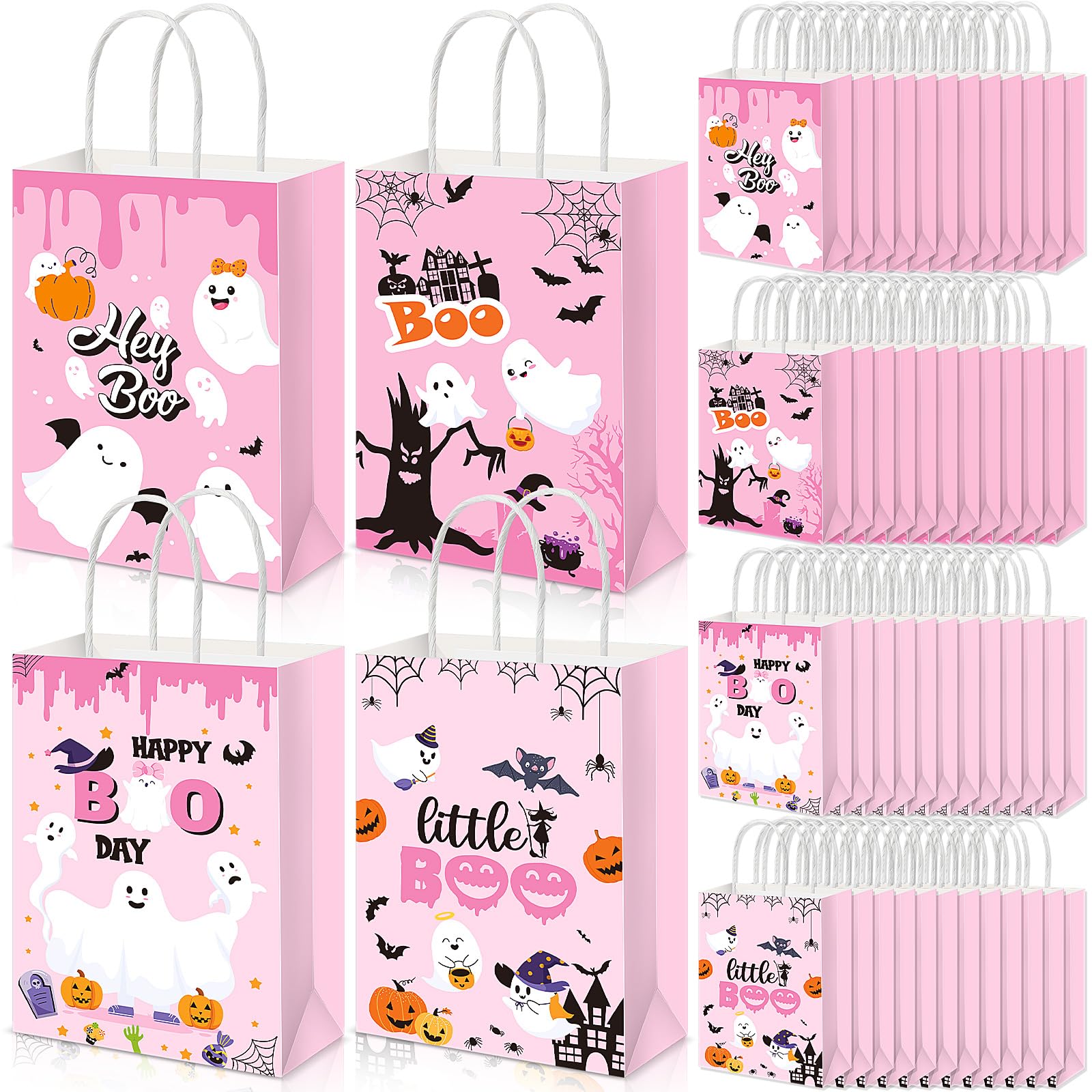 Kolldenn 48 Pieces Pink Halloween Snack Bags with Handle Hey Boo Treat Bags Bulk Little Boo Paper Gift Bags Pink Halloween Party Favor Bags Boo Bags for Halloween Party Decor