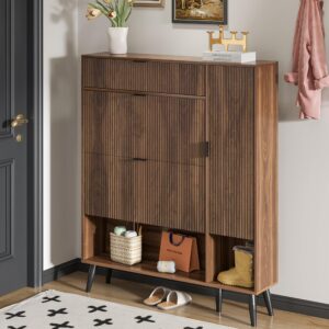 shoe storage cabinet with 2 flip drawers narrow shoe cabinet with doors freestanding shoe organizer cabinet with adjustable shelf slim hidden cabinet for entryway (walnut)