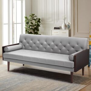 patiohit faux leather couch modern 72" sofa couch with 2 bolster pillows mid century modern upholstered loveseat sofa couch for living room apartment office (grey)