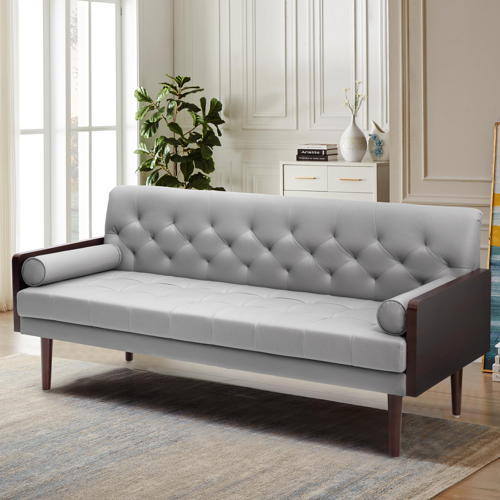 PATIOHIT Faux Leather Couch Modern 72" Sofa Couch with 2 Bolster Pillows Mid Century Modern Upholstered Loveseat Sofa Couch for Living Room Apartment Office (Grey)