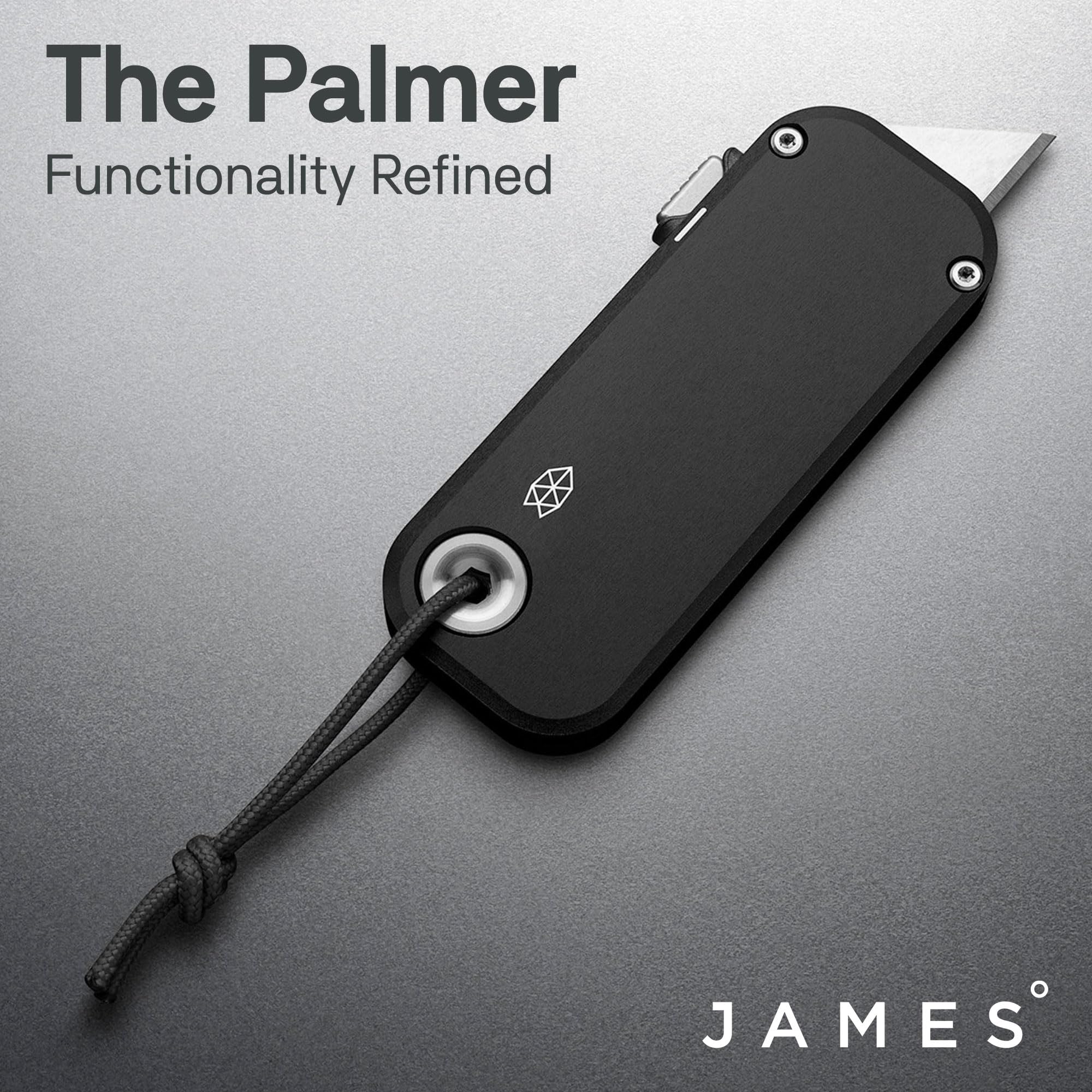 JAMES° The Palmer Utility Knife, Anodized Aluminum Handles, Buttery Smooth Action, Refined Tool Free Blade Changes, Black Grip