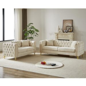 azsjml 2 piece chesterfield chenille sofa set for living room, modern 3-seater couch and loveseat set,tufted chenille sofa nailhead and gold legs with 2 pillows for bedroom, office, beige