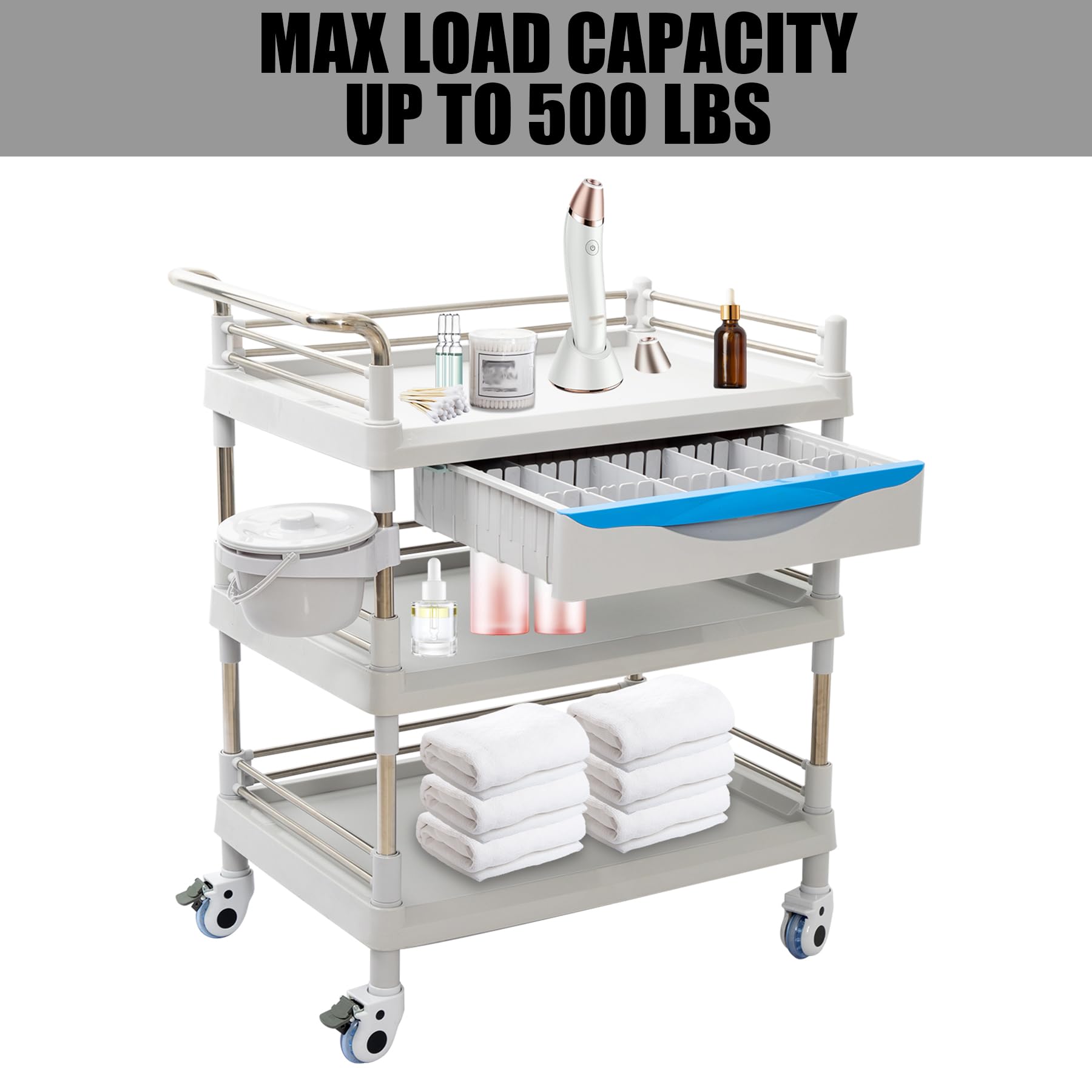 biosp Medical Trolley 3 Tier 500 LBS Heavy Duty Professional Utility Cart Beauty Salon Rolling Trolley with Swivel Casters, Dirt Bucket & Drawer for Hospital Dental Clinic, 38.58'' x 24.41'' x 16.34''